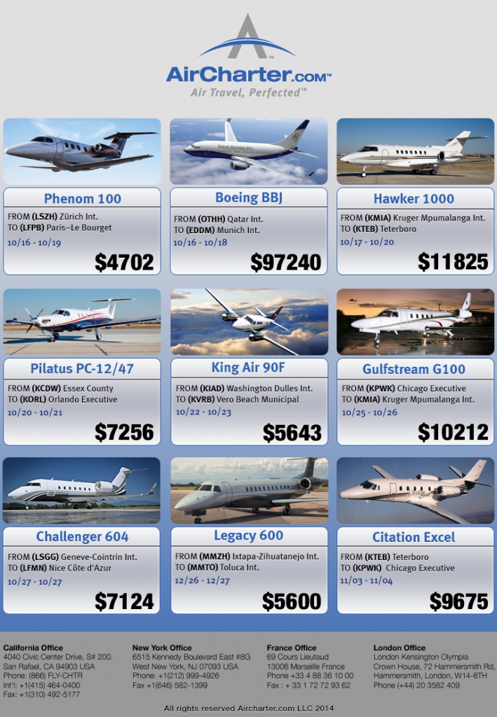 Empty Legs - October 17th to October 24th - Aircharter